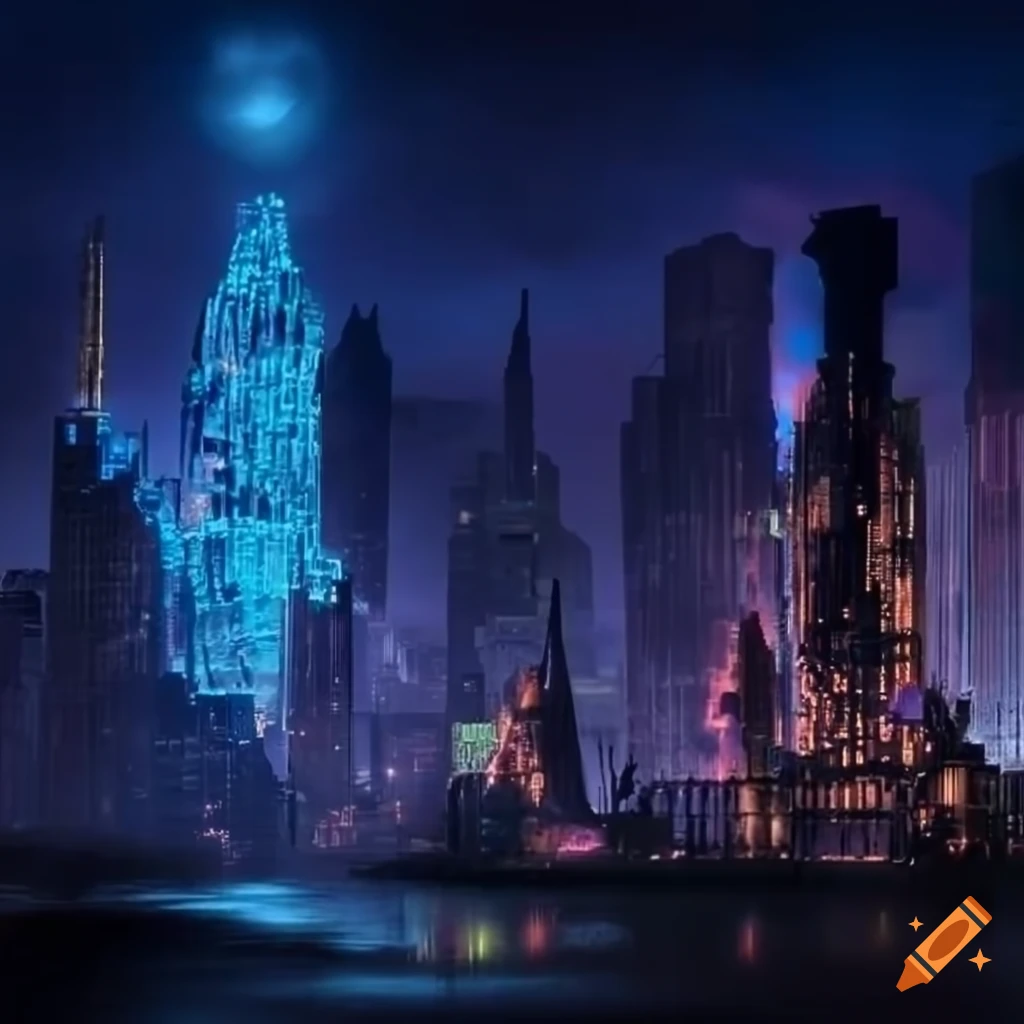 Biopunk cityscape with neon-lit skyline and celestial goddess on Craiyon