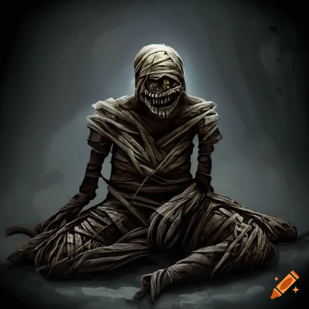 Mummy laying on the ground in a dark setting on Craiyon