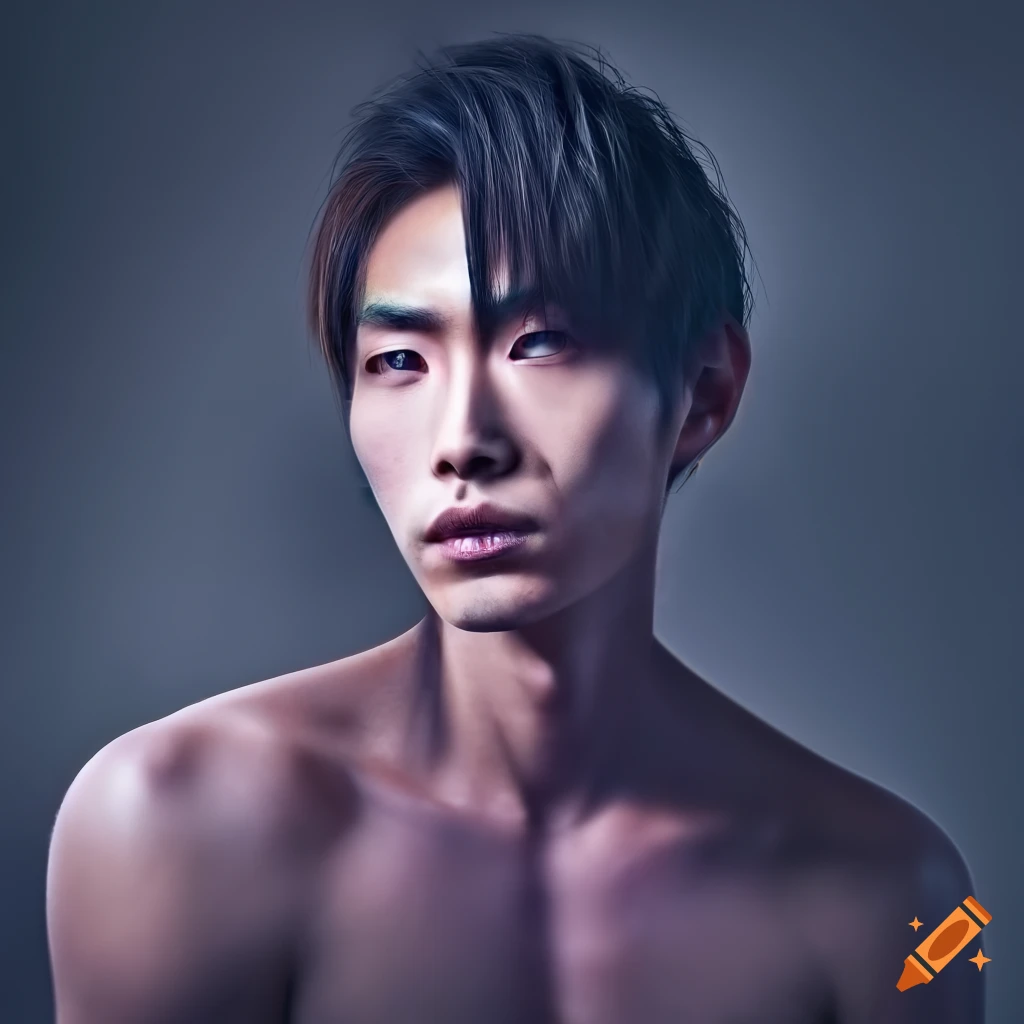 Attractive japanese man in a dramatic portrait with stormy mountain ...