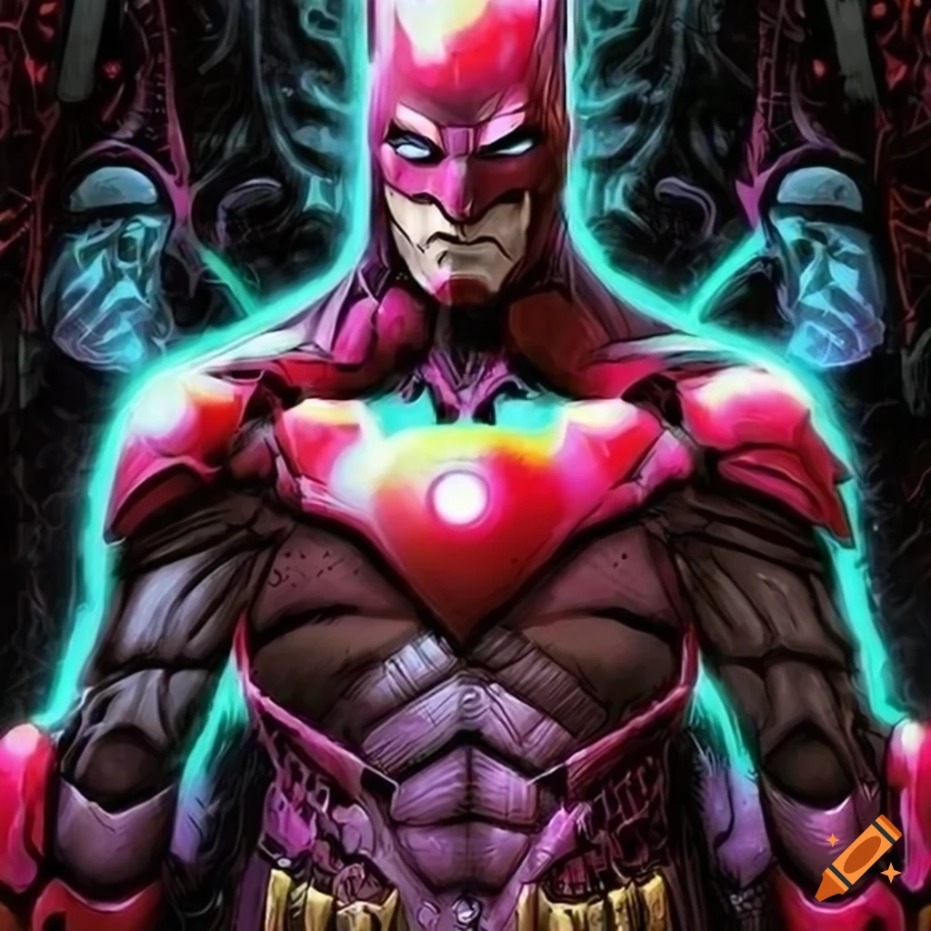 Artistic fusion of Batman, Sephiroth, and Iron Man in psychedelic style on Craiyon