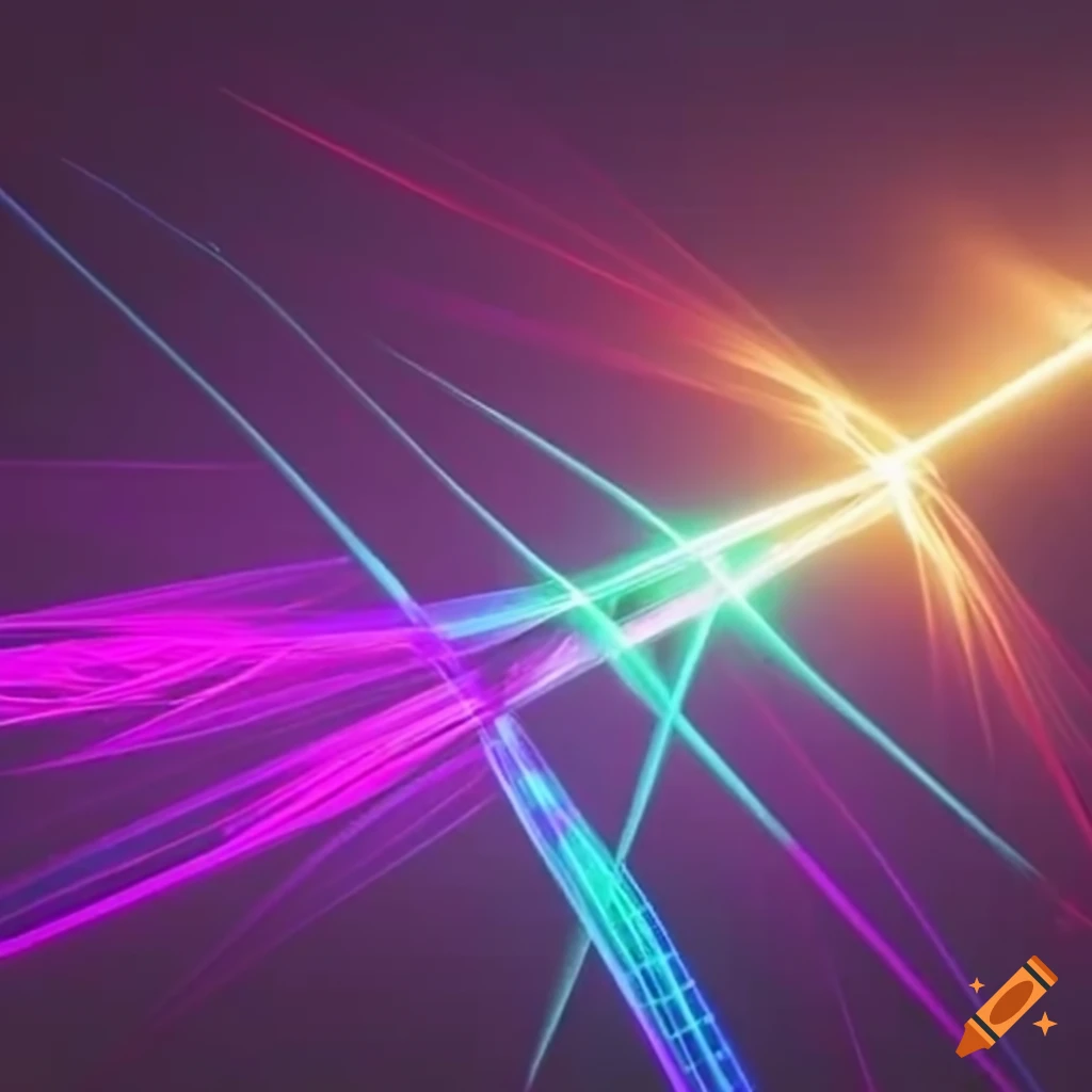 Crisscrossing beams of pink and purple laser lights on Craiyon