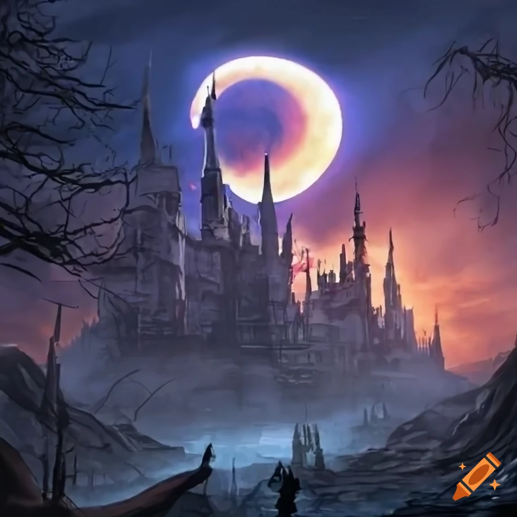 Soma cruz in bloodborne city with solar eclipse and haunted castle on ...