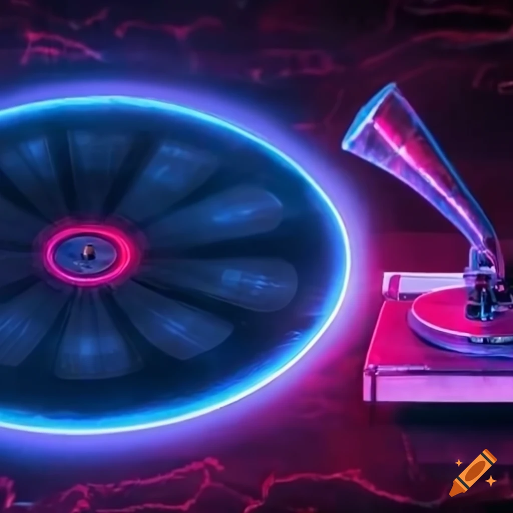 Detailed holographic gramophone with neon lights and reflections on Craiyon