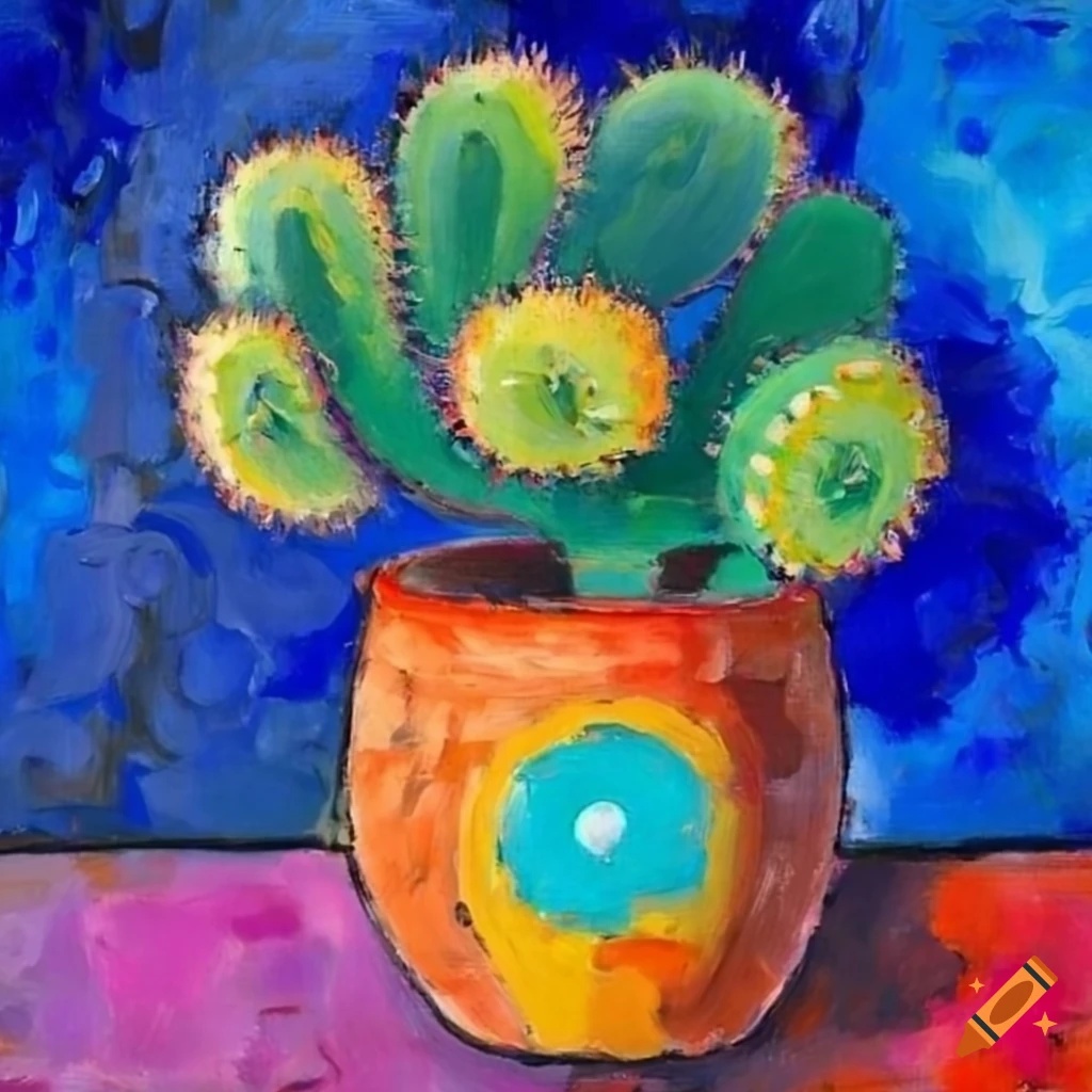 Vibrant still life artwork of round bright cactus in a pot with a blue ...