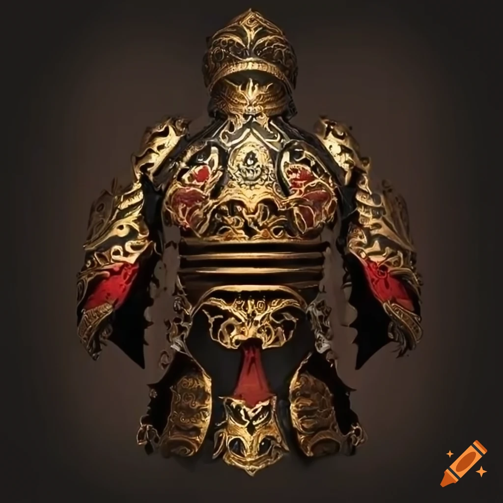 Intricate black, gold, and red arm armor design on Craiyon