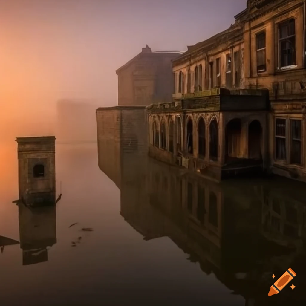 Abandoned victorian buildings sinking into water in foggy sunset on Craiyon