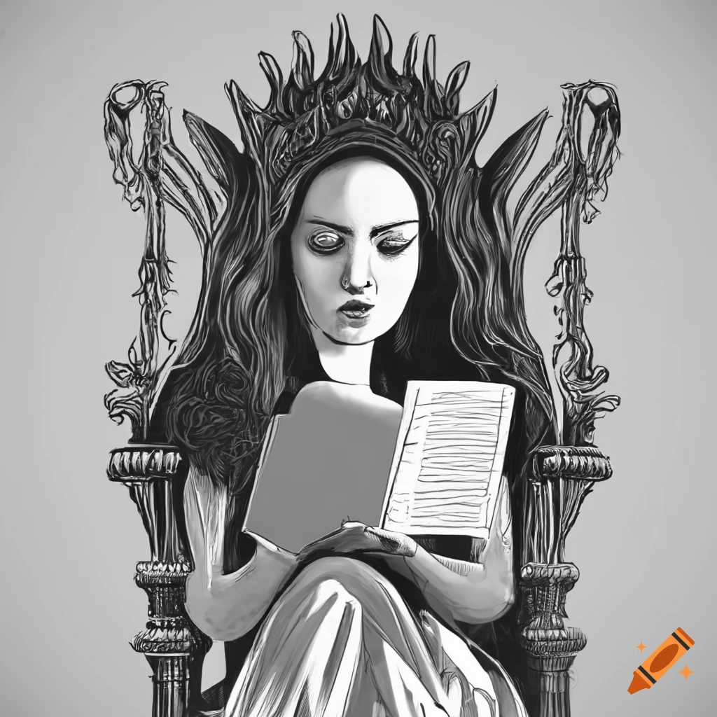 Black and white illustration of a female figure writing stories in a ...