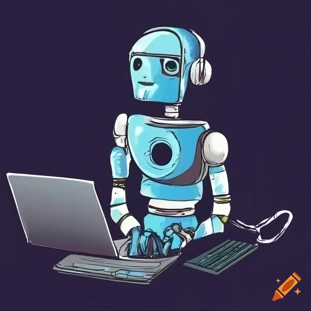 Cartoon robot working on a computer at a desk on Craiyon