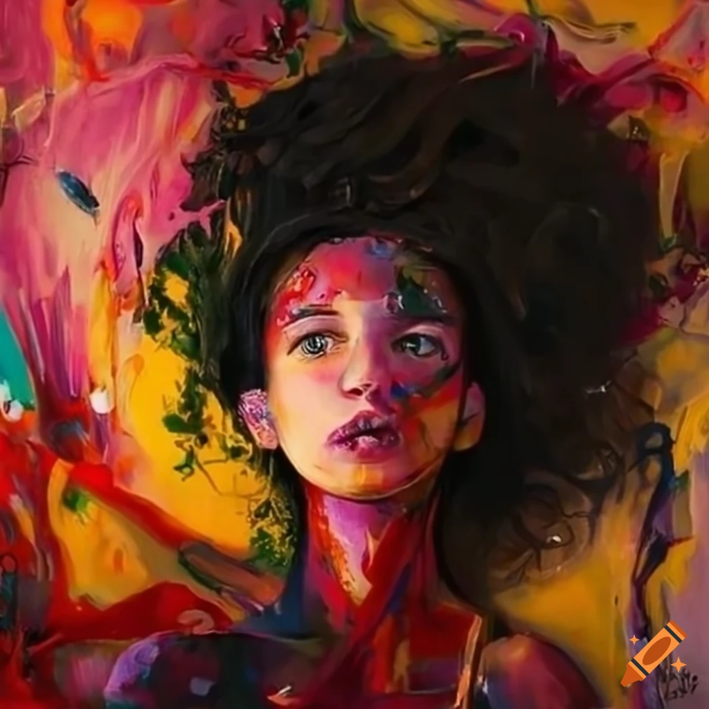 Young female artist destroying a painting canvas on Craiyon