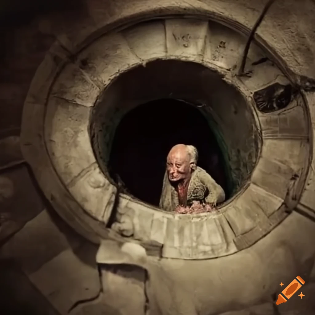 Fearful elderly man stuck in a well in an old photo on Craiyon