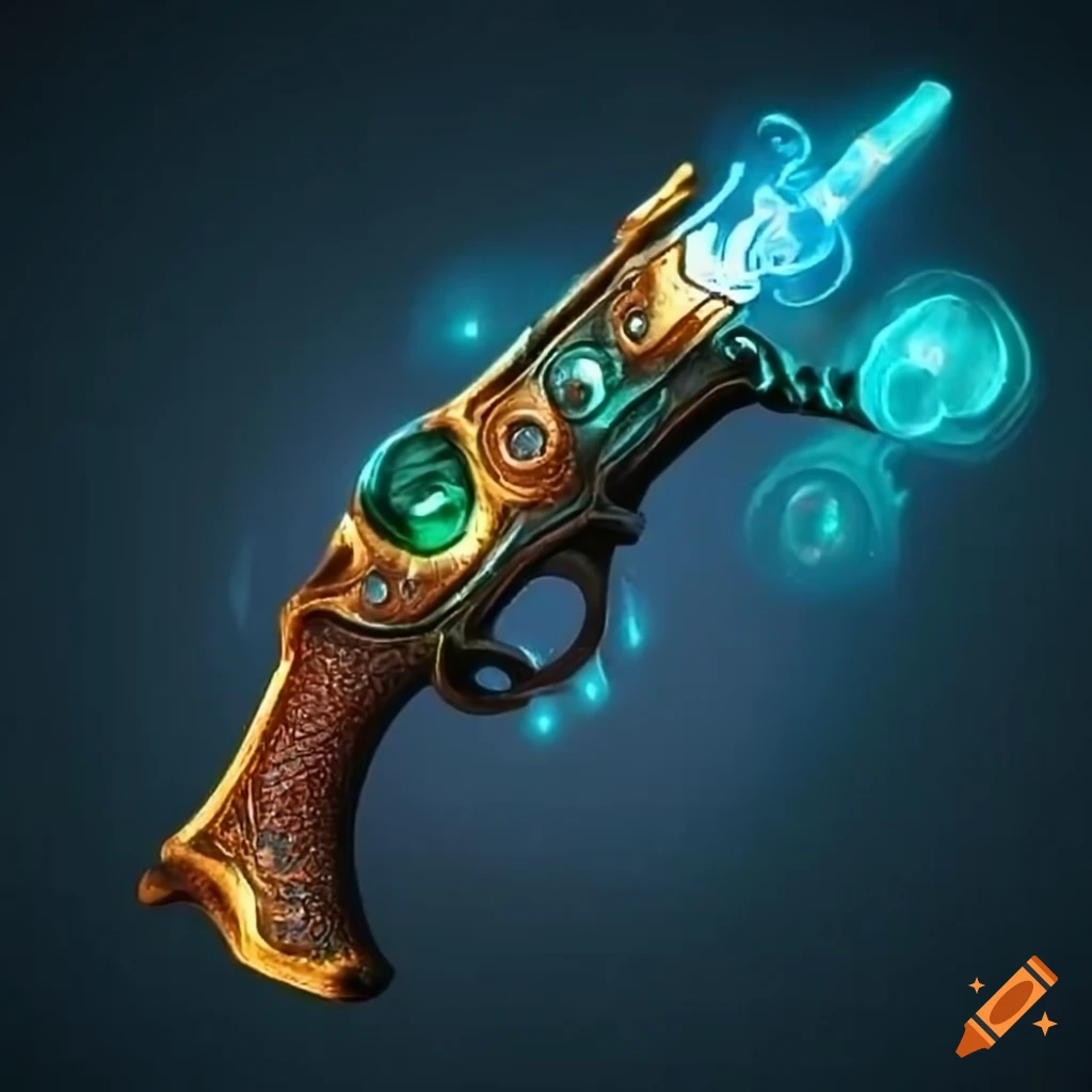 Magic wheellock pistol with glowing runes and crystals on Craiyon