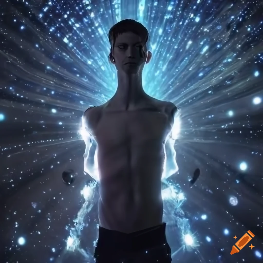 Futuristic male space traveler standing in crystal lights in hyperspace ...