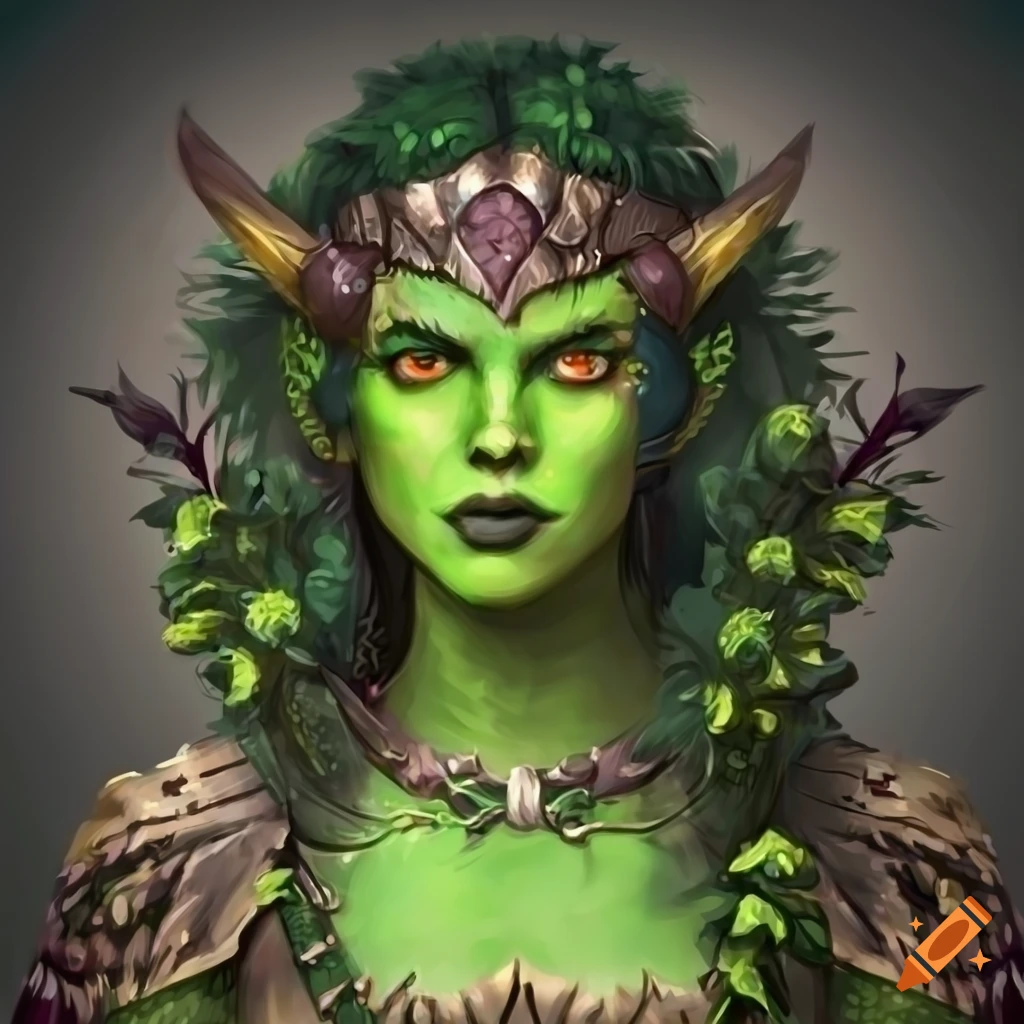 Beautiful ogre young woman in plant and flower armor with dark hair and ...