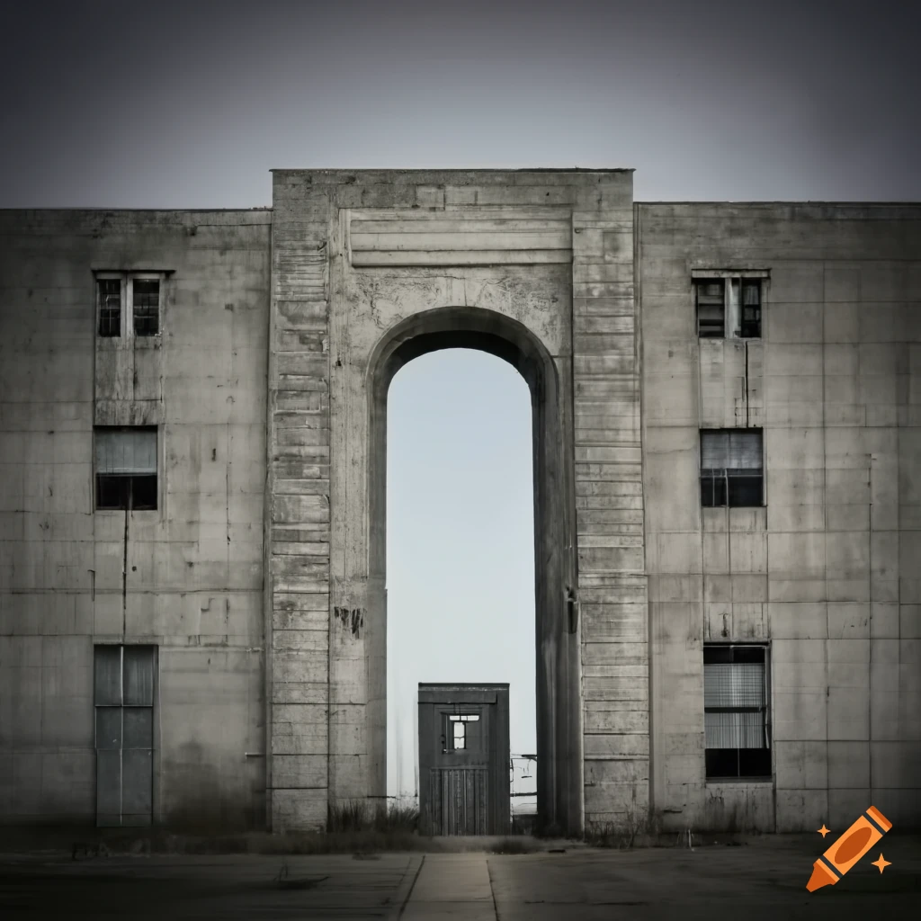 Gloomy American prison in Texas with gray concrete building, entrance ...