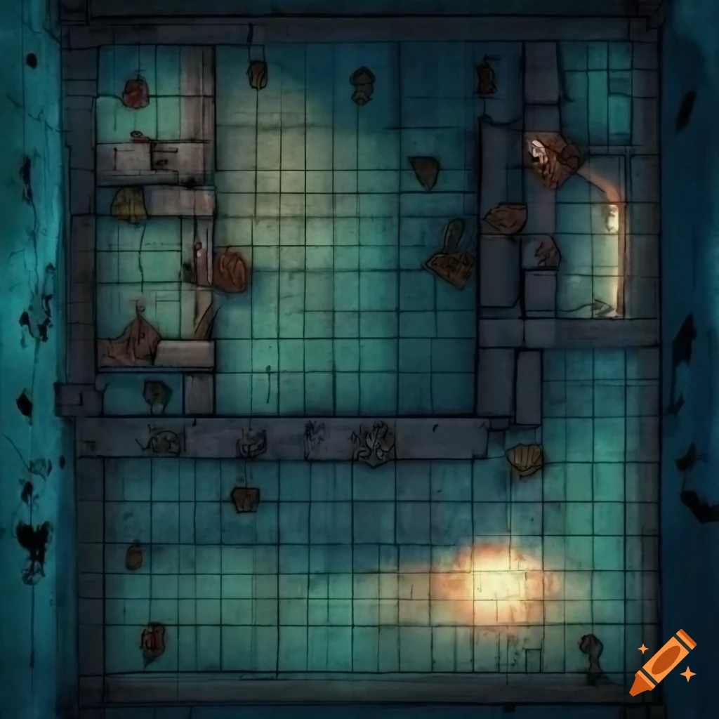 2d rpg gridded battle map with wooden mannequin and weapon rack on Craiyon
