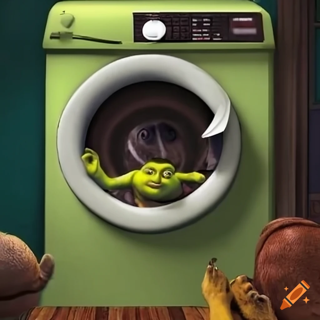Shrek in a washing machine on Craiyon
