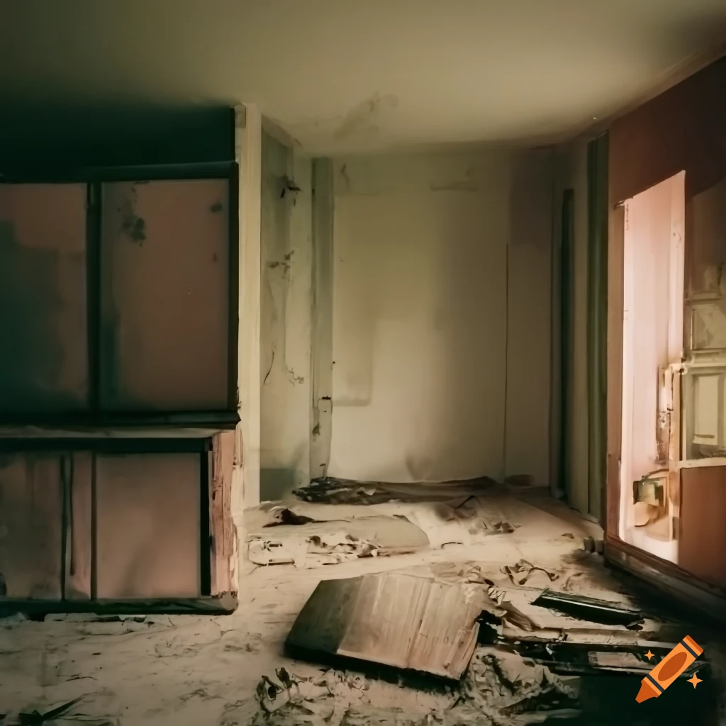 Abandoned flooded storage room with built-in cabinets, shelves, and ...