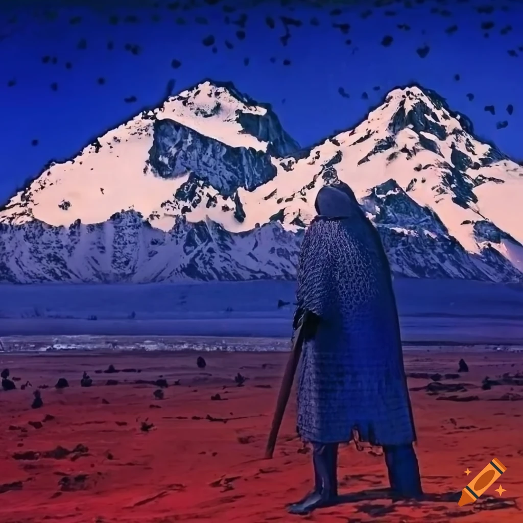 Moebius-style artwork of medieval soldiers gazing at snow-topped jagged ...