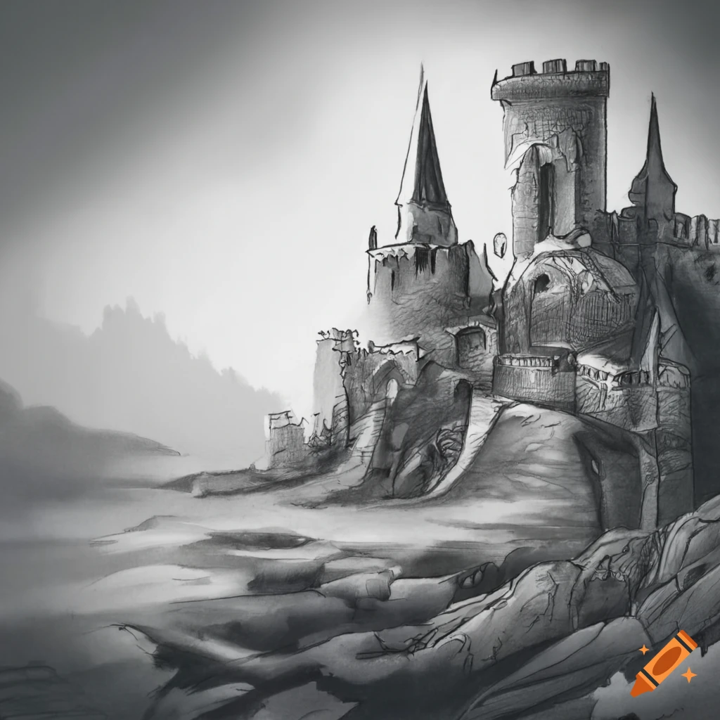 Pencil drawing of a castle with adjacent ruins on Craiyon