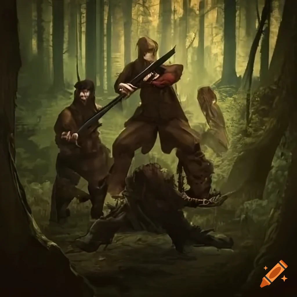 Four men with swords in a forest on Craiyon