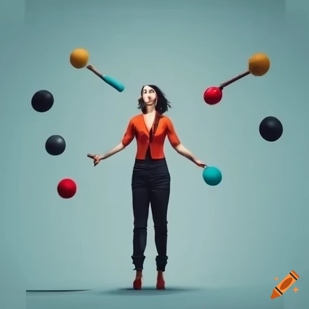 A powerful and determined woman multitasking in an office setting on Craiyon