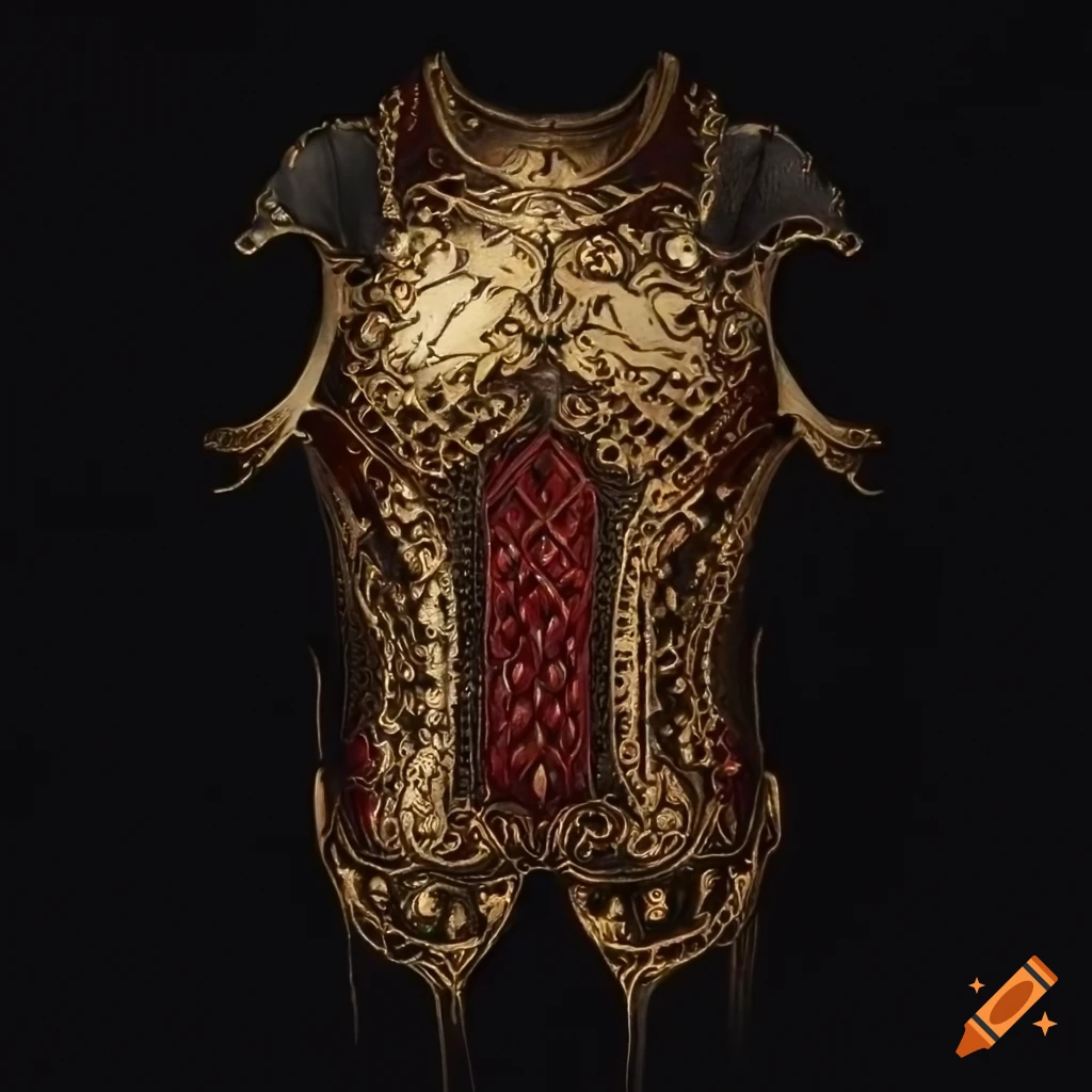 Intricate black, gold, and red arm armor design on Craiyon