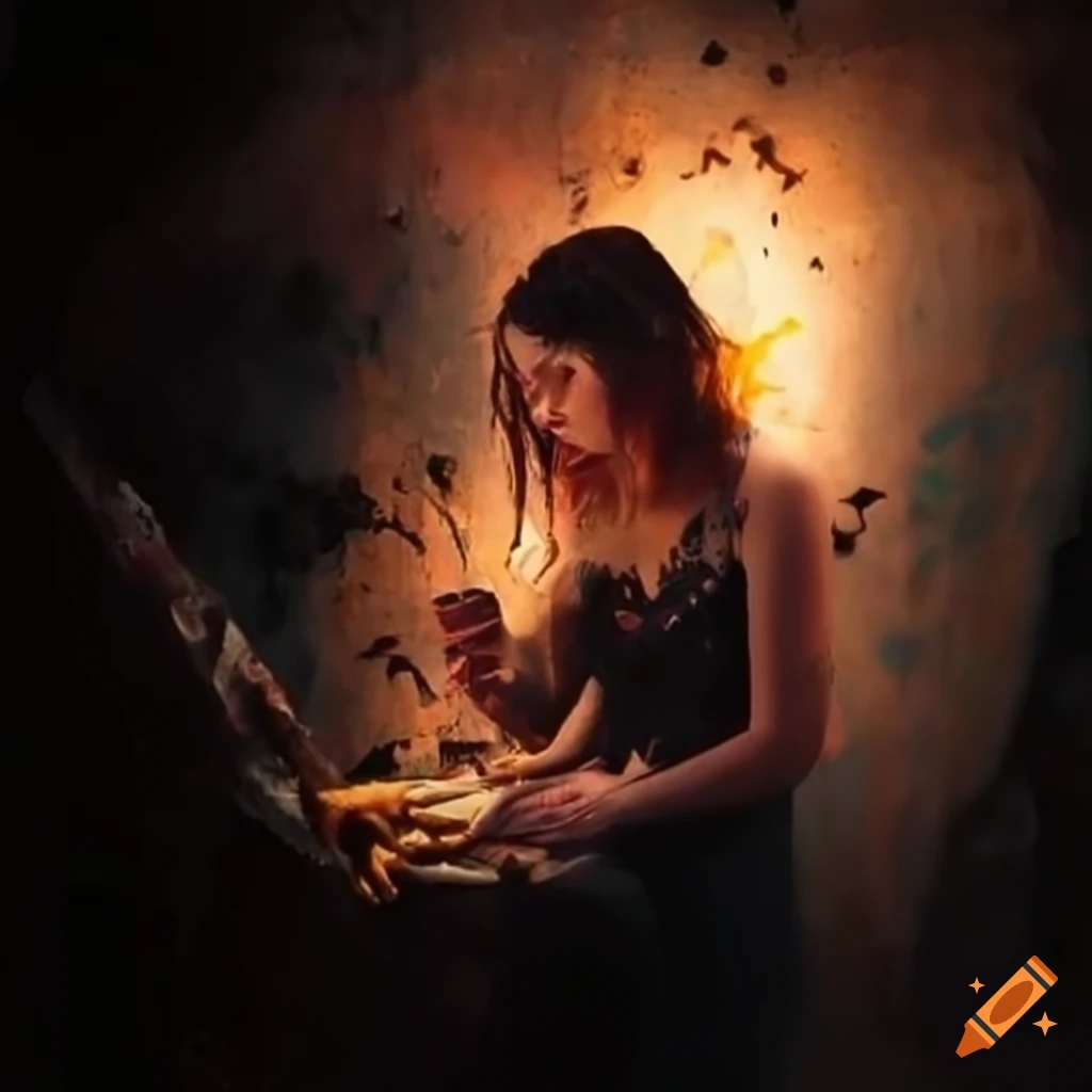 Young female artist tearing and destroying a canvas on Craiyon