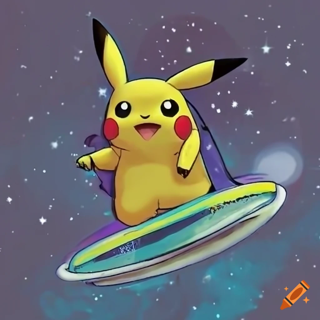 Pikachu surfing in space on Craiyon