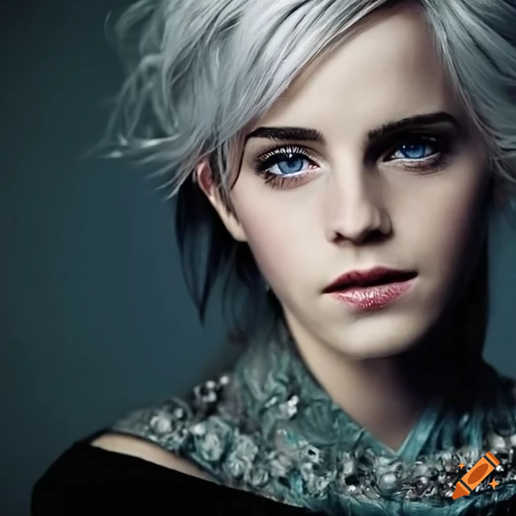 Beautiful portrait of emma watson with silver hair and blue eyes on Craiyon