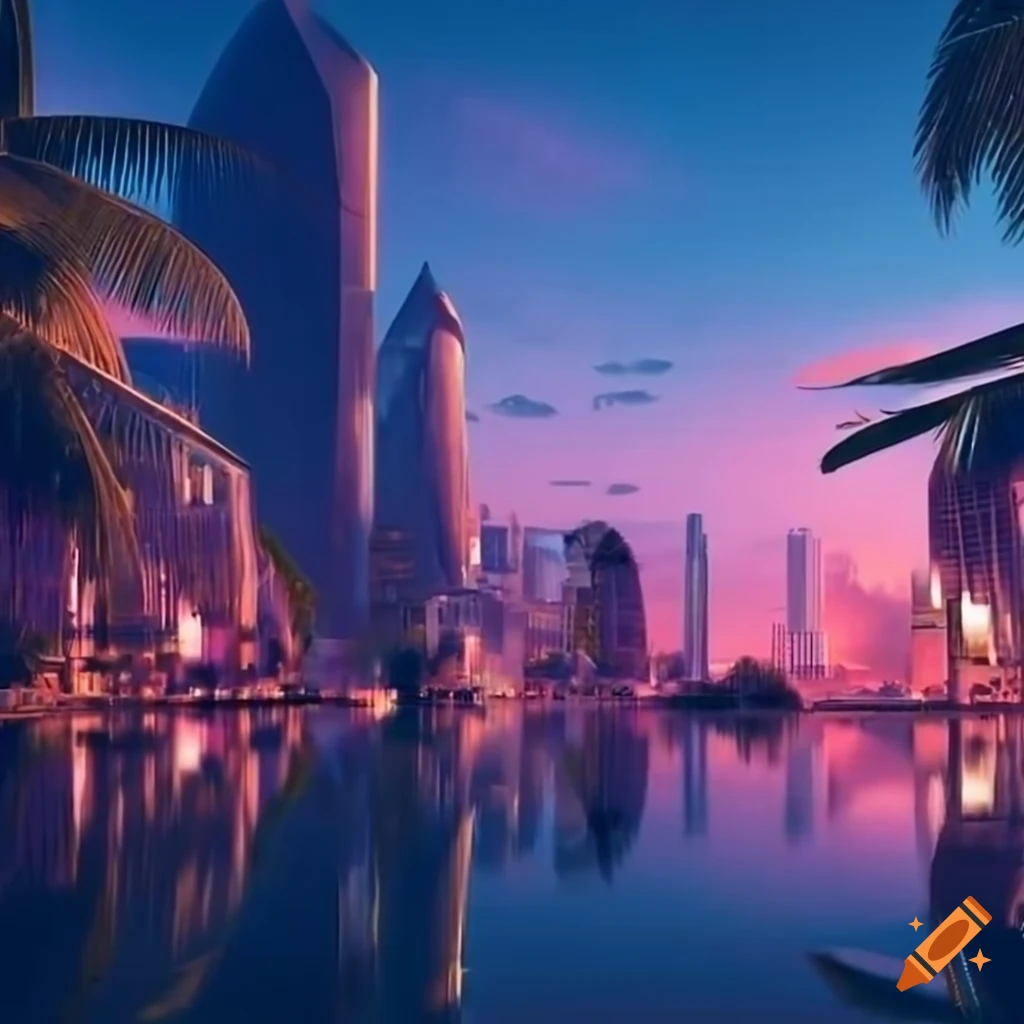 Modern metropolis with palm trees in a cinematic setting on Craiyon