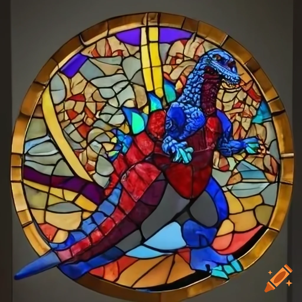 Stained glass depiction of saint godzilla on Craiyon