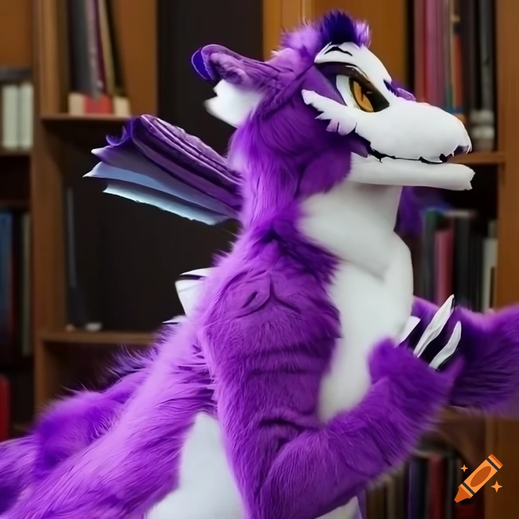 Female librarian wearing a white dragon anthro fursuit in a library on ...