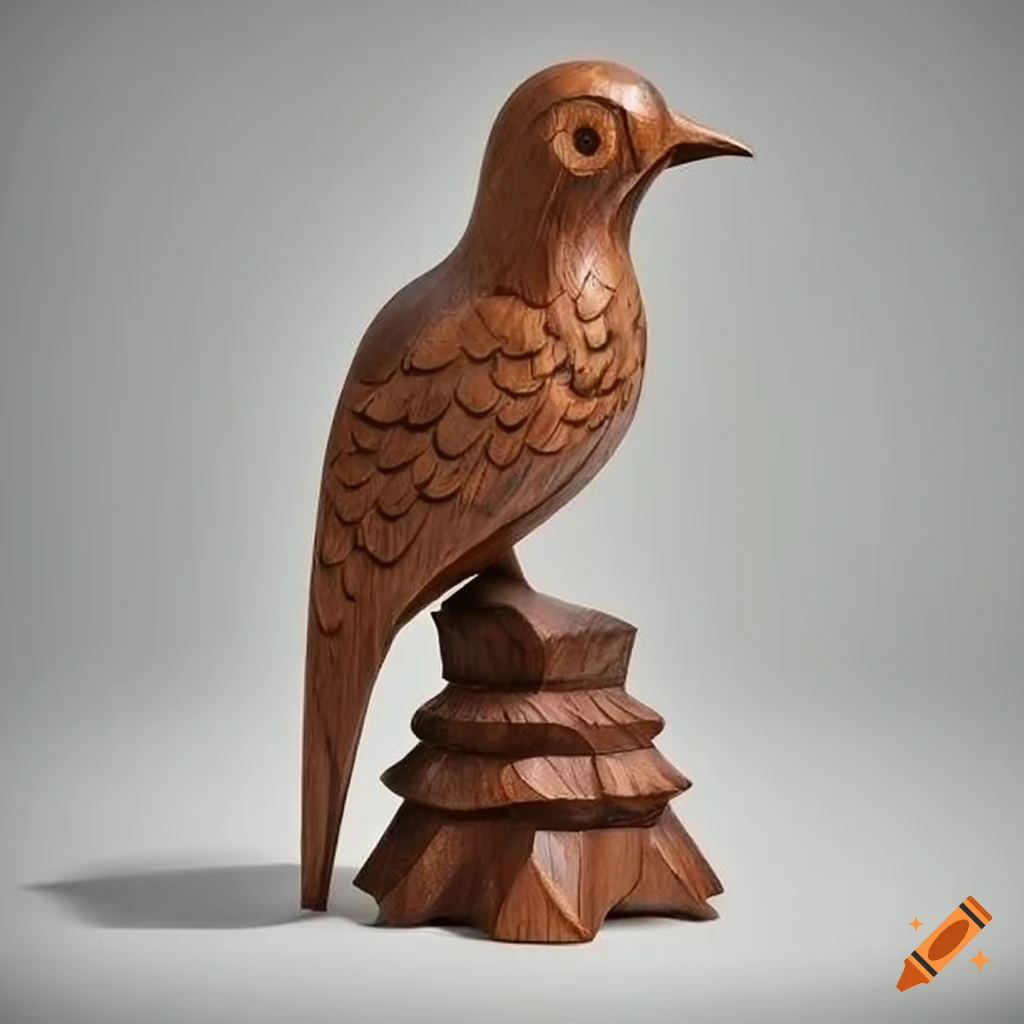 Carved wooden statue of a bird on Craiyon