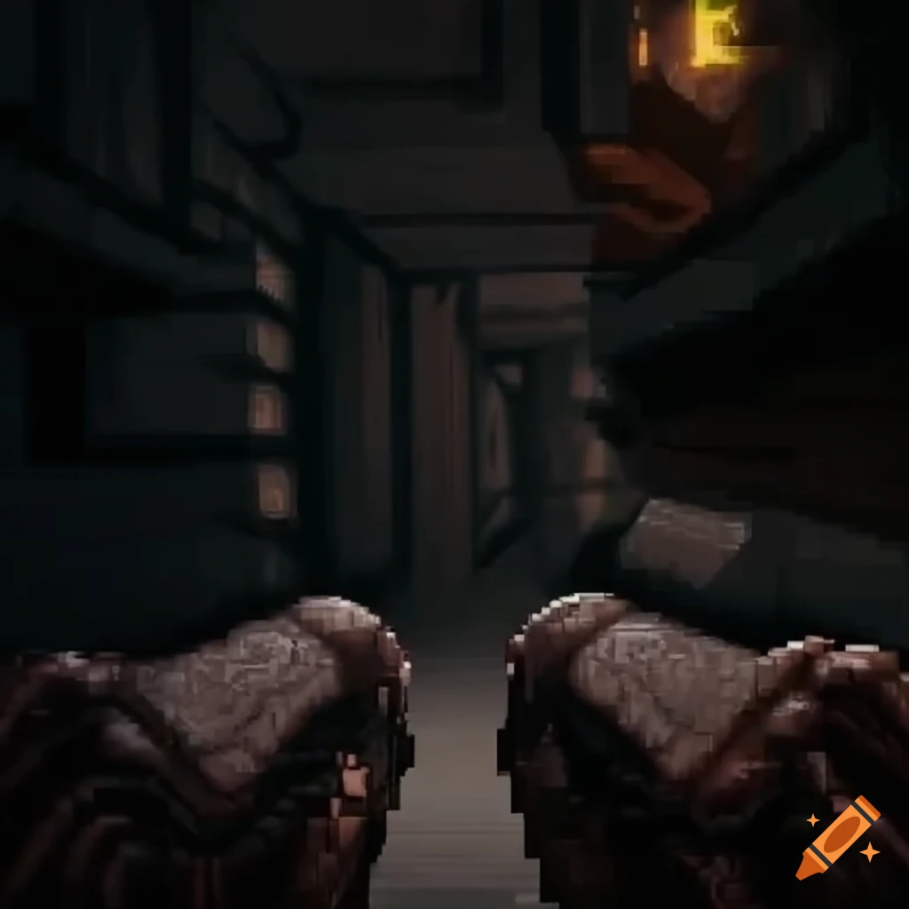 First-person perspective in classic 'Doom'-style pixel art on Craiyon