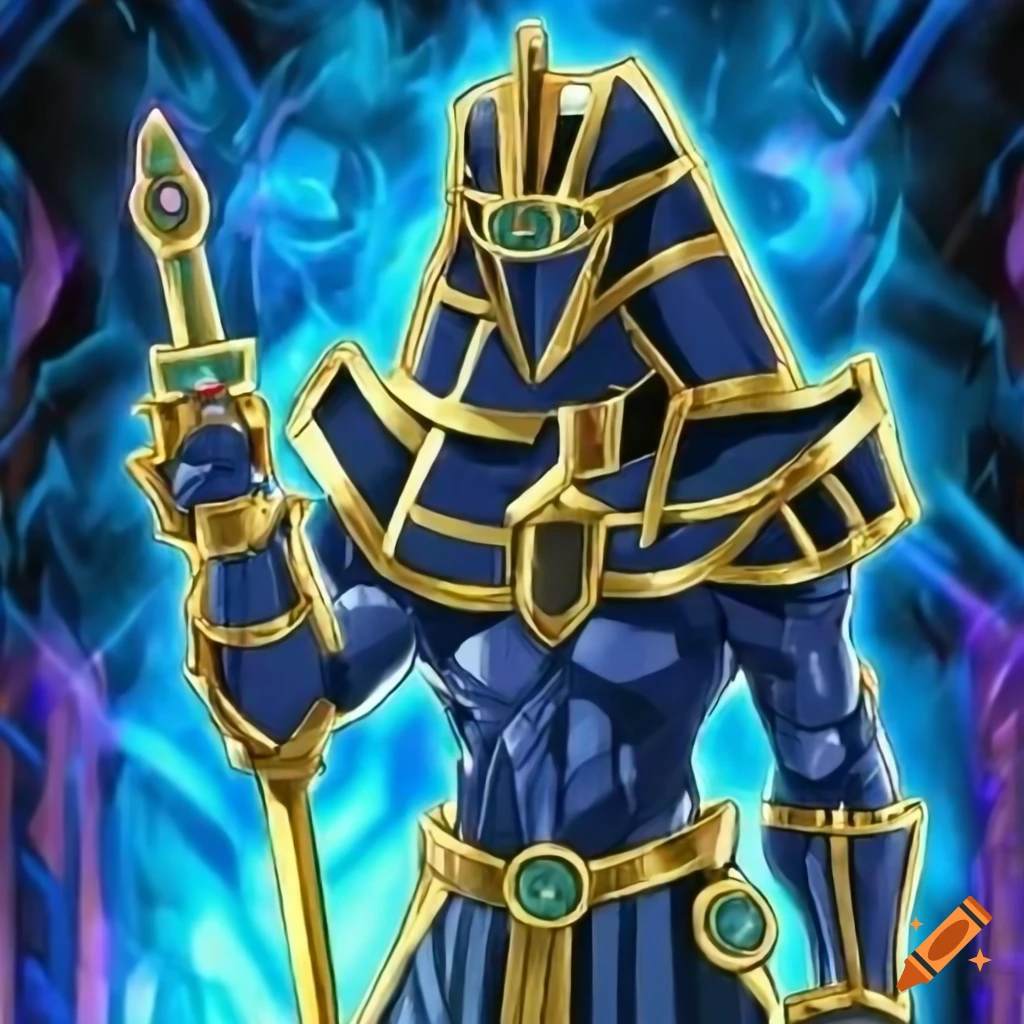 Egyptian pharaoh in gold and blue knight armor in yugioh card art style ...