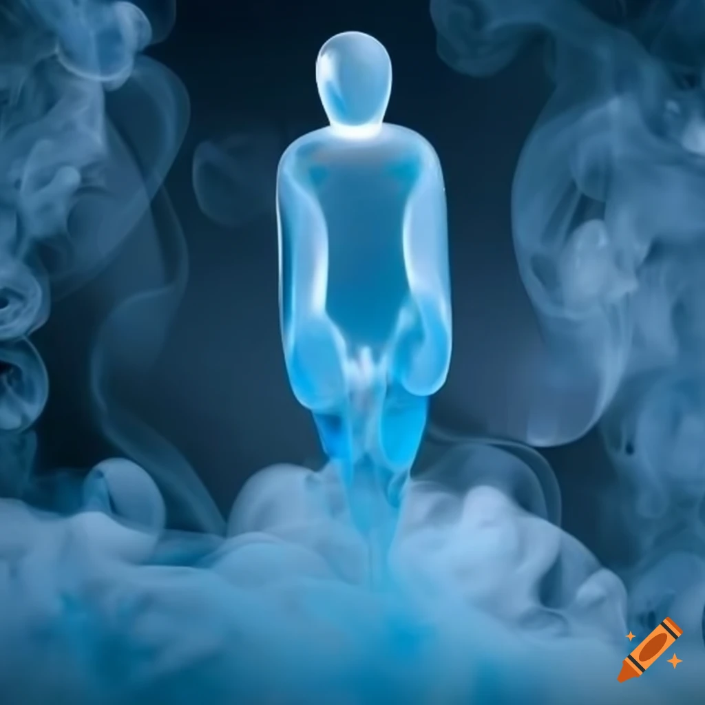 Translucent light blue 3d figure surrounded by blue smoke on Craiyon