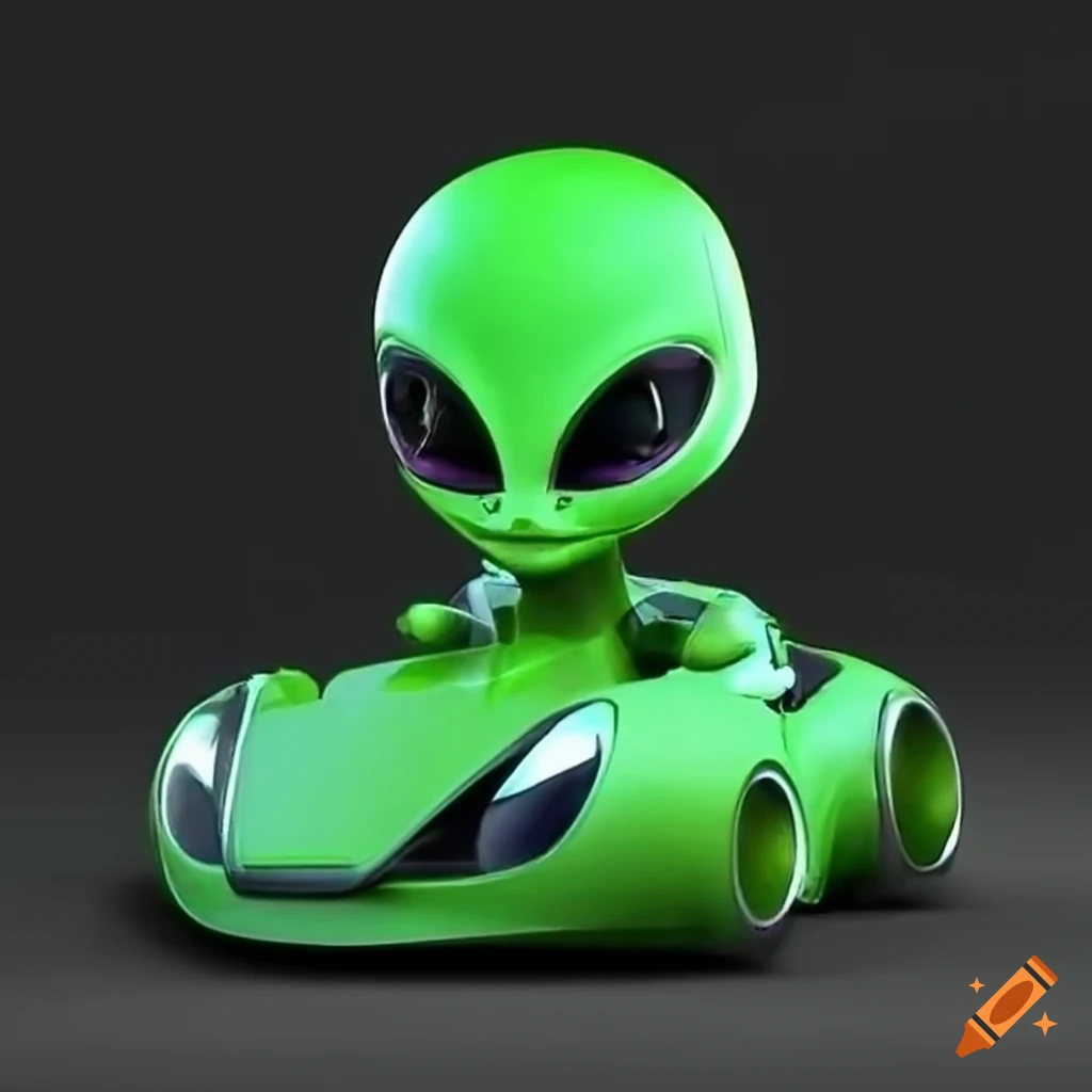 Green alien racing in a car on Craiyon