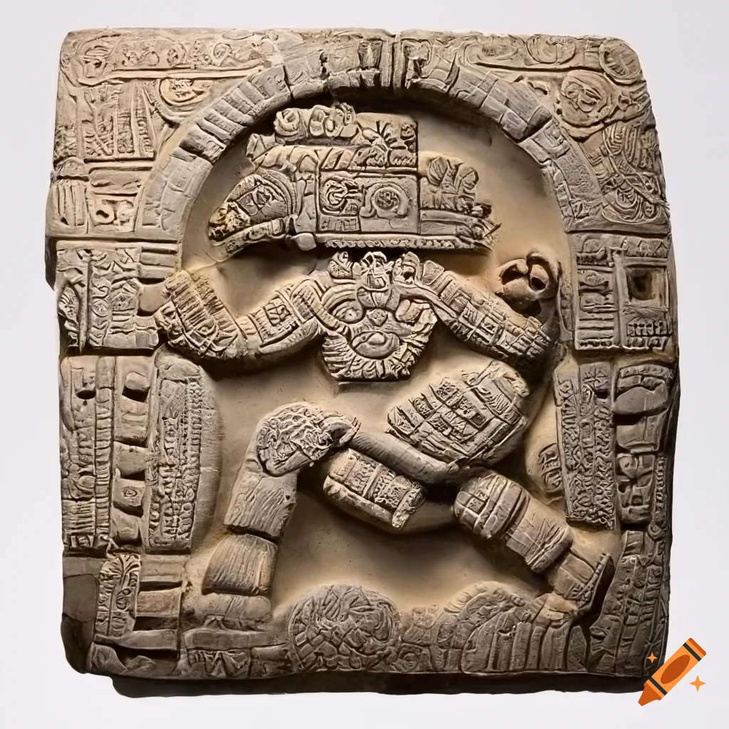 Aztec etched stone plaque depicting a prisoner carrying a large egg on ...