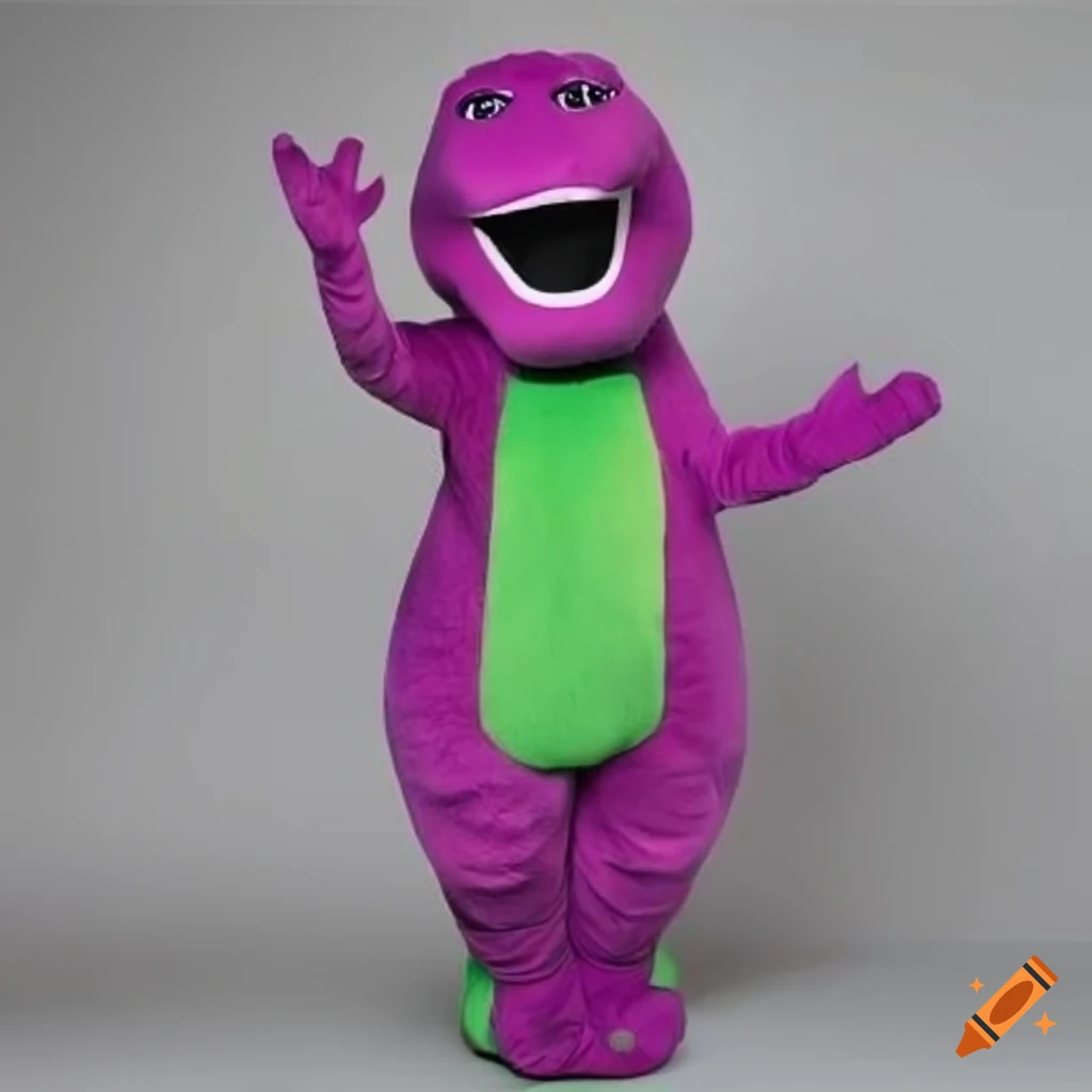 Mother wearing a full body barney mascot costume on Craiyon