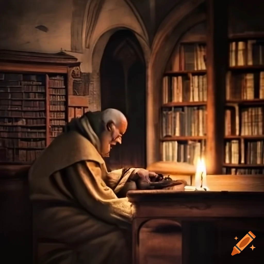 Dimly lit medieval monastery library with old oak bookshelves and a ...