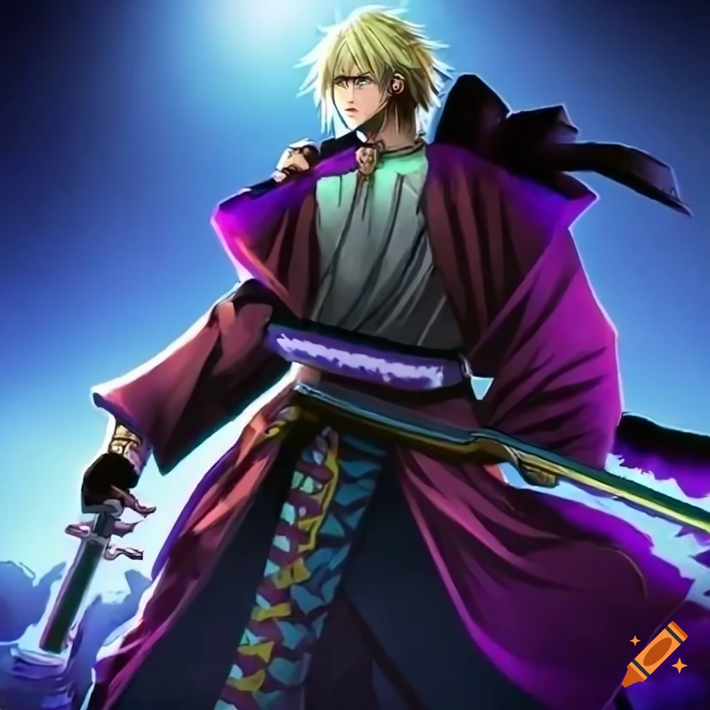 Portrait of a fierce blue-eyed male Ronin in purple and grey armor with ...