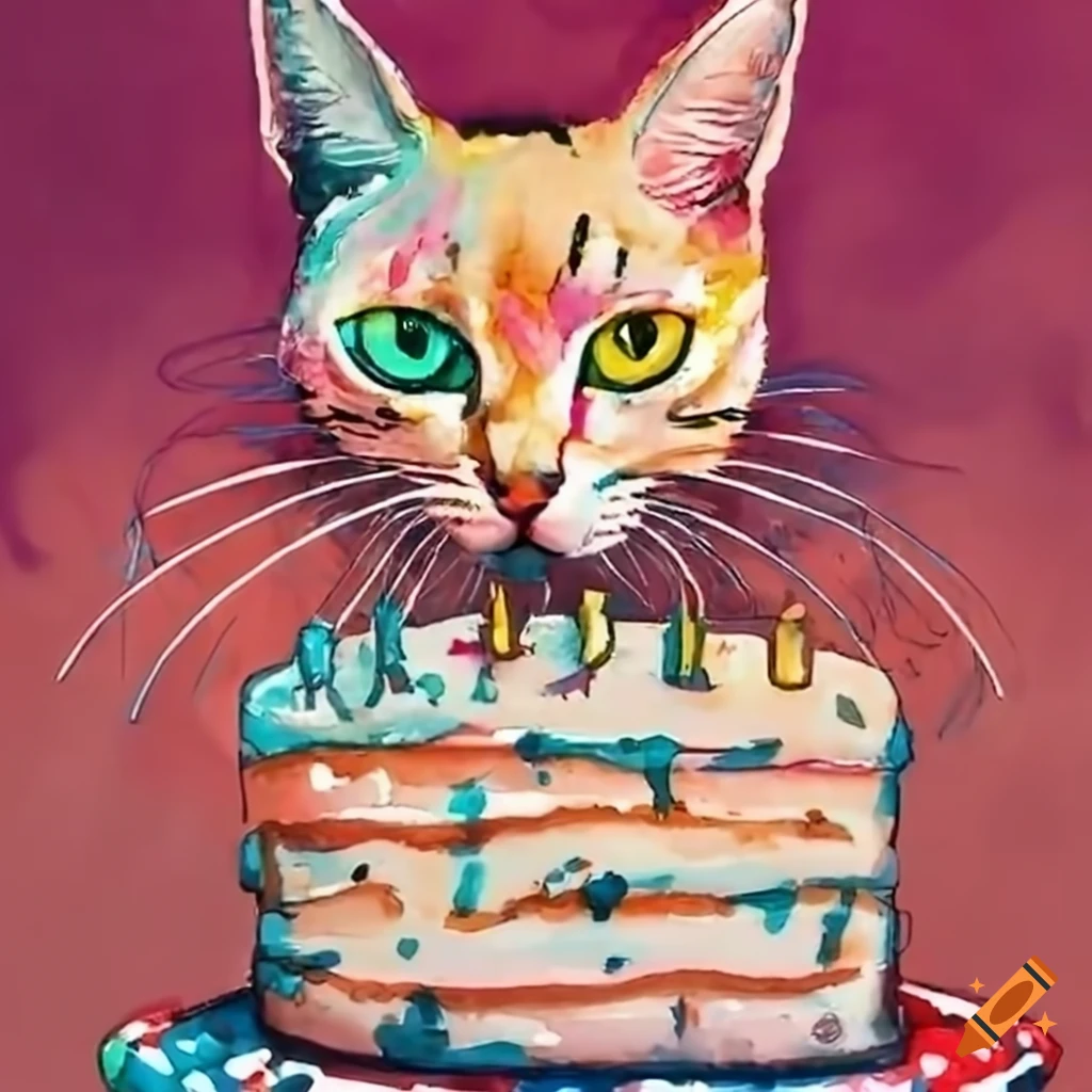 Emo punk rock cat eating a birthday cake on Craiyon