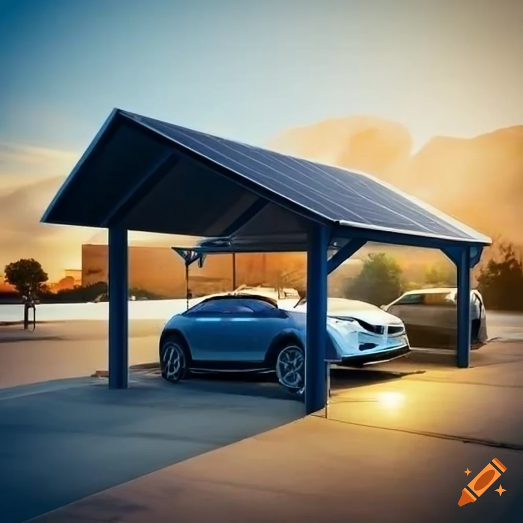 Modern and sustainable carport with solar panels and ev charger on Craiyon