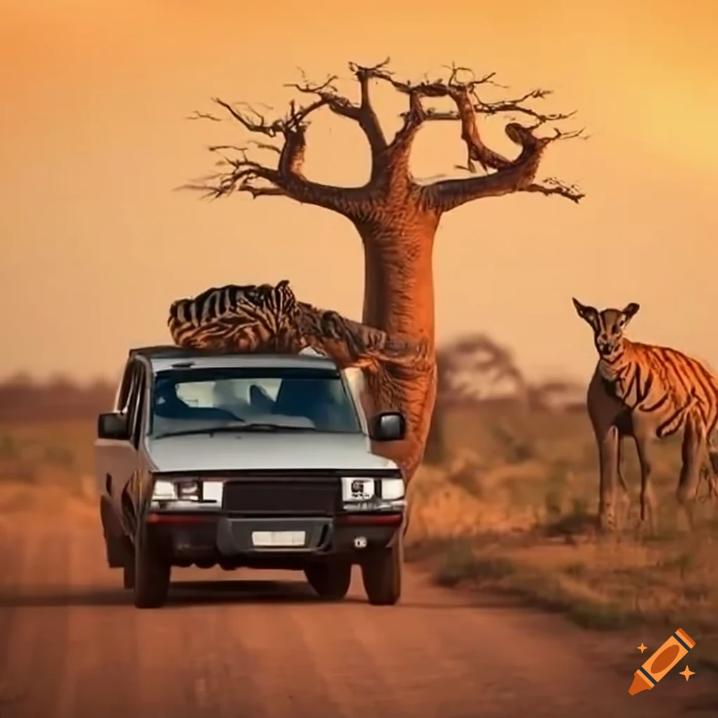 Man driving a car in africa surrounded by animals on Craiyon