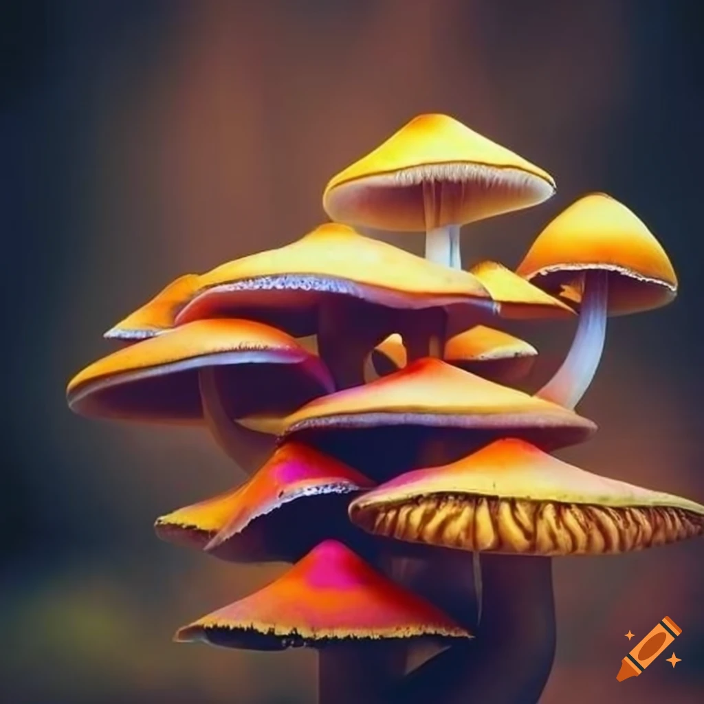 Vividly colored and detailed display of mushrooms on Craiyon