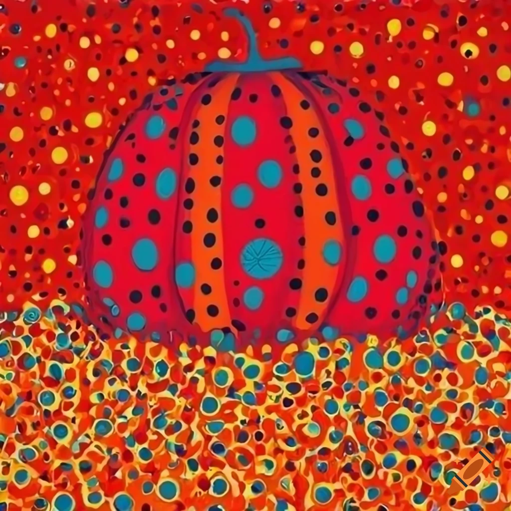 Vibrant red pumpkin field with Yayoi Kusama polka dots in flat artwork on Craiyon