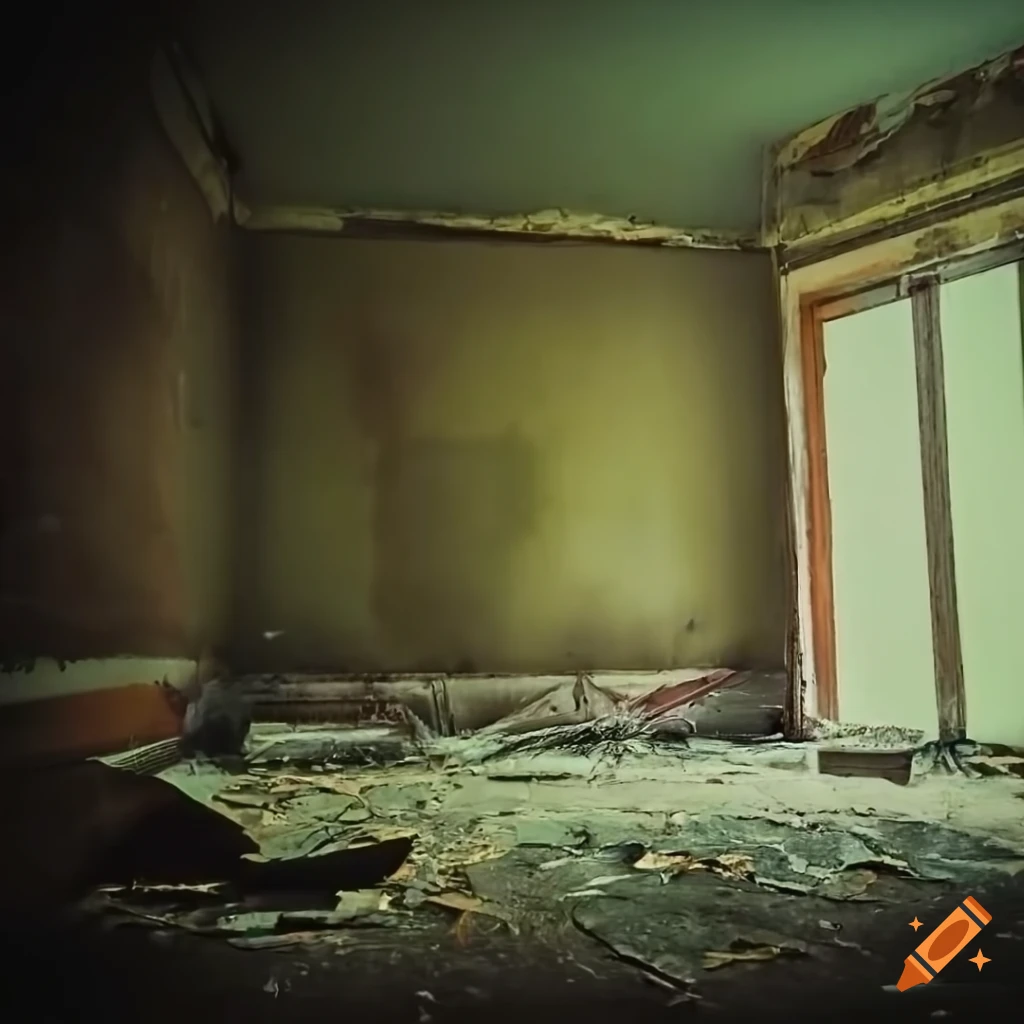 Abandoned room with peeling wallpaper, defaced painting, and destroyed ...
