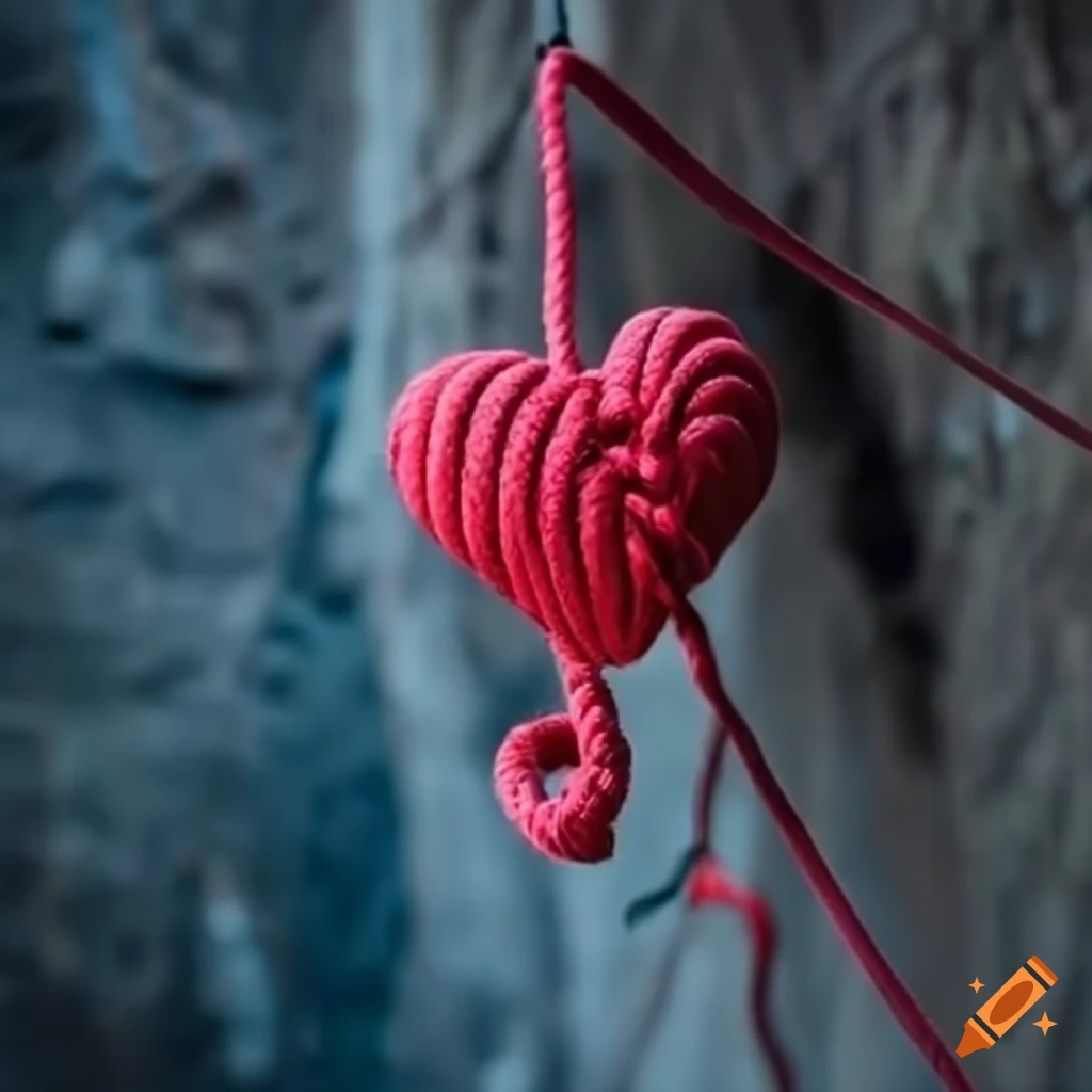 Valentine's heart made of climbing rope held by two climbers on Craiyon