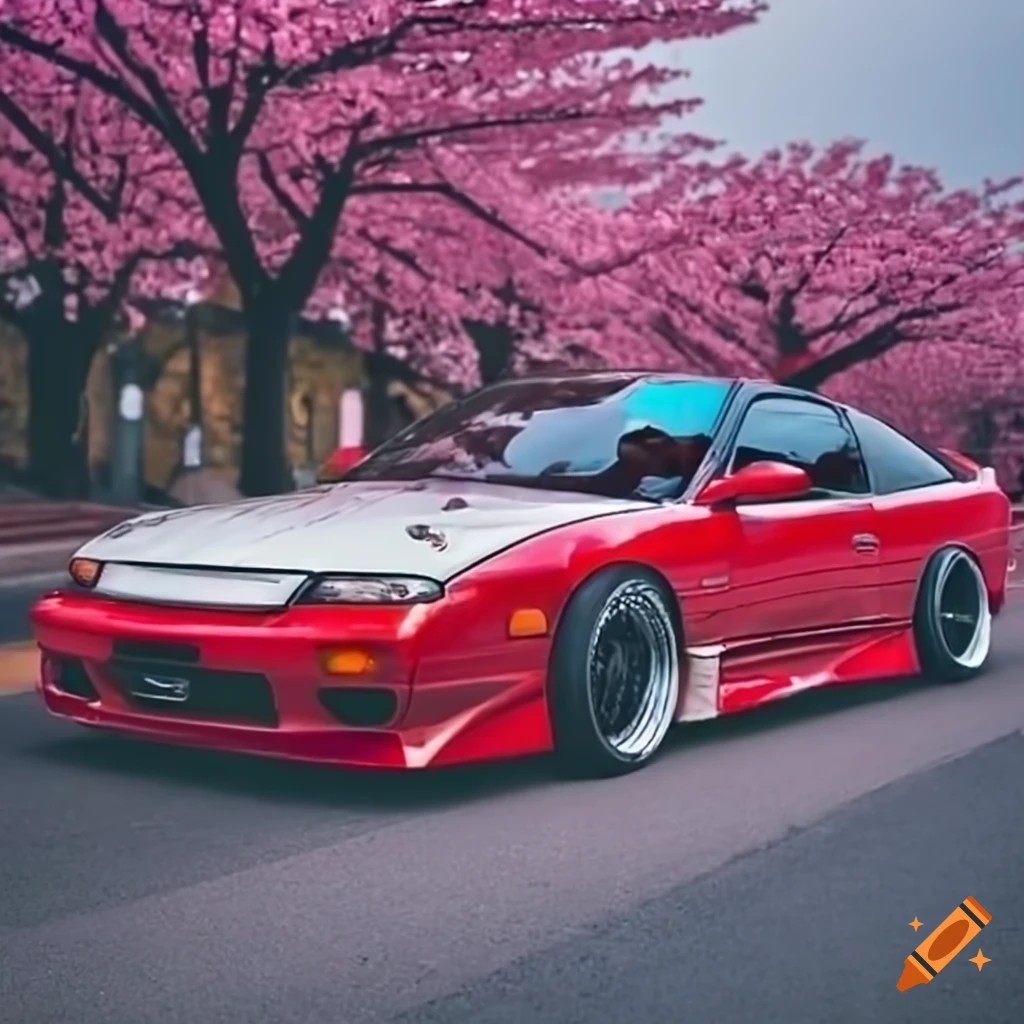Vibrant nissan 180sx drifting down road with cherry blossom trees on ...