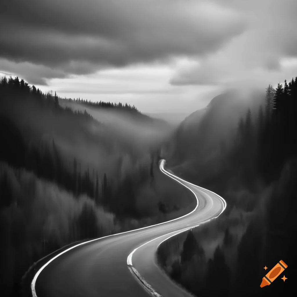 Winding road through the smoky mountains under fluffy clouds and ominous sky in black and white ...